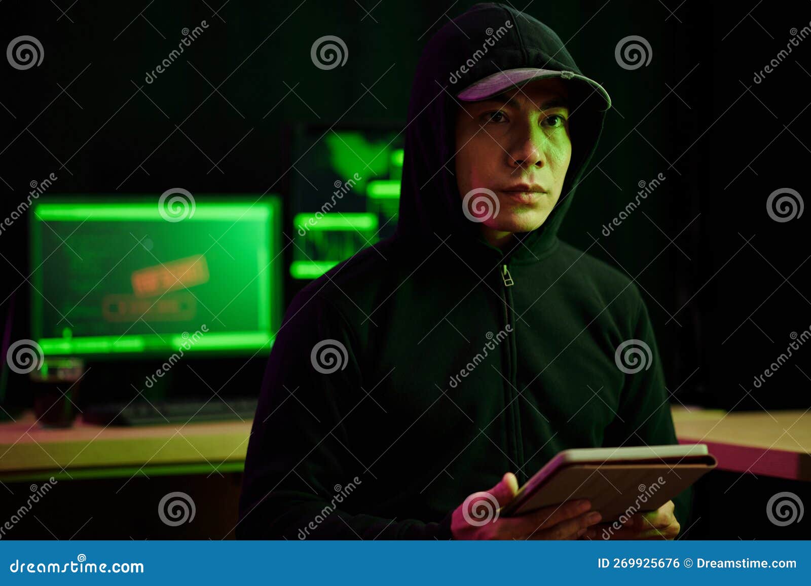 Hacker with Tablet Computer Stock Photo - Image of security, neon ...