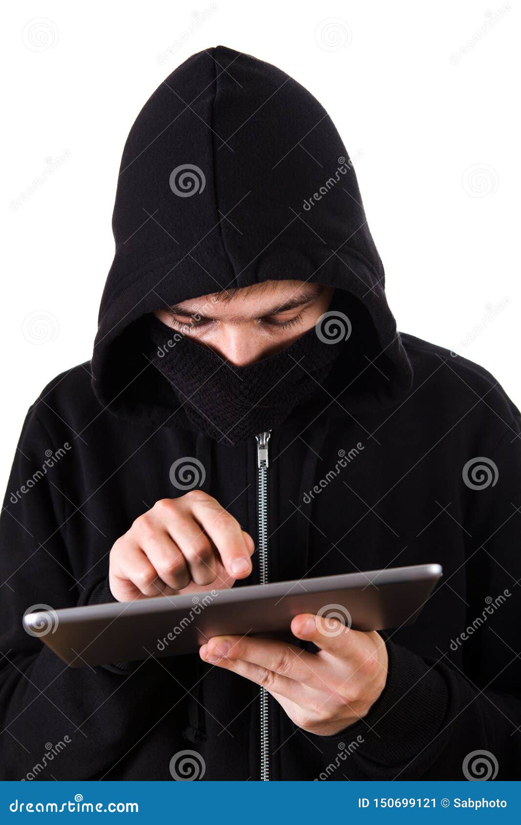 Hacker with a Tablet stock image. Image of examine, face - 150699121