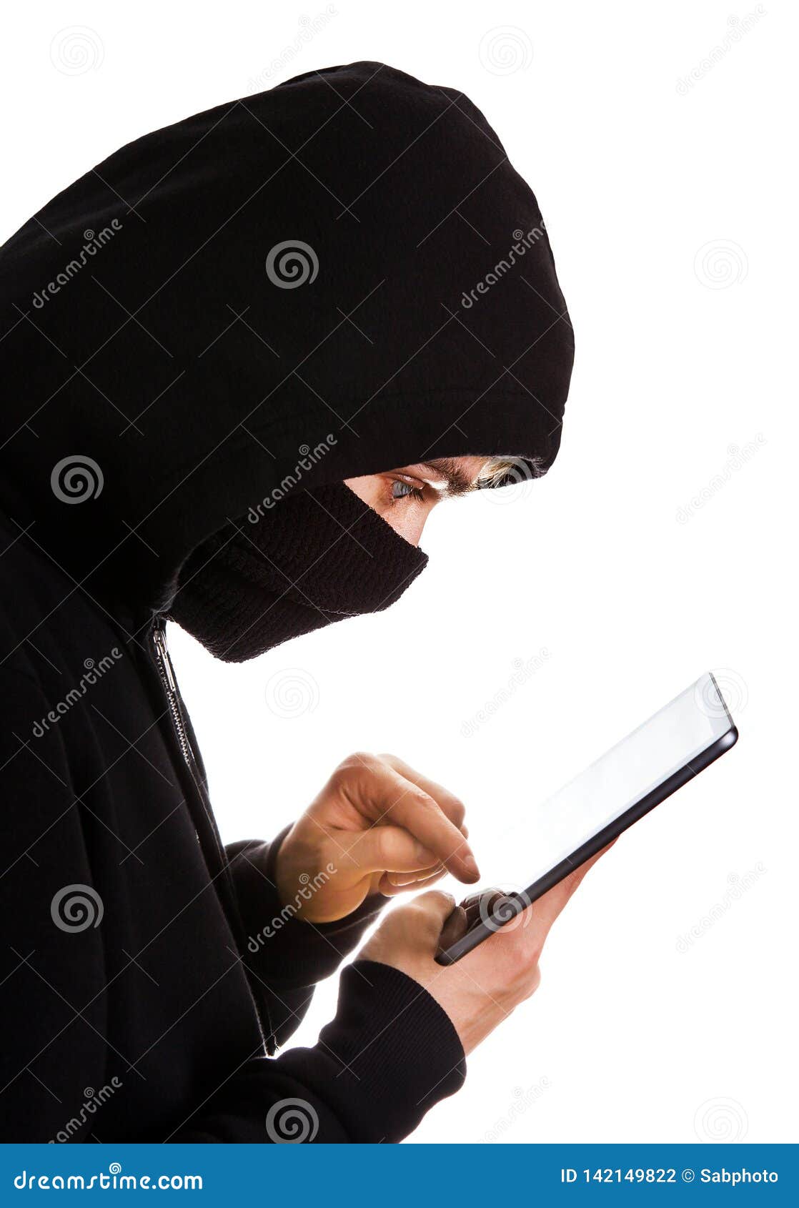 Hacker with a Tablet stock photo. Image of hood, male - 142149822