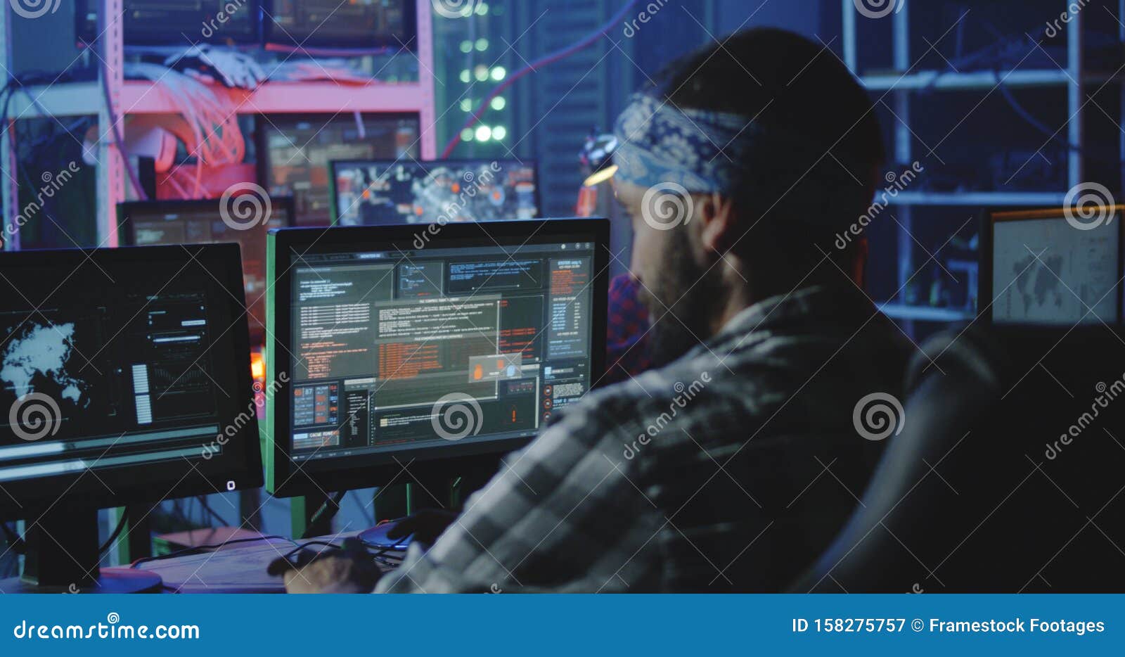 Hacker Team Working in a Basement Stock Image - Image of monitors ...