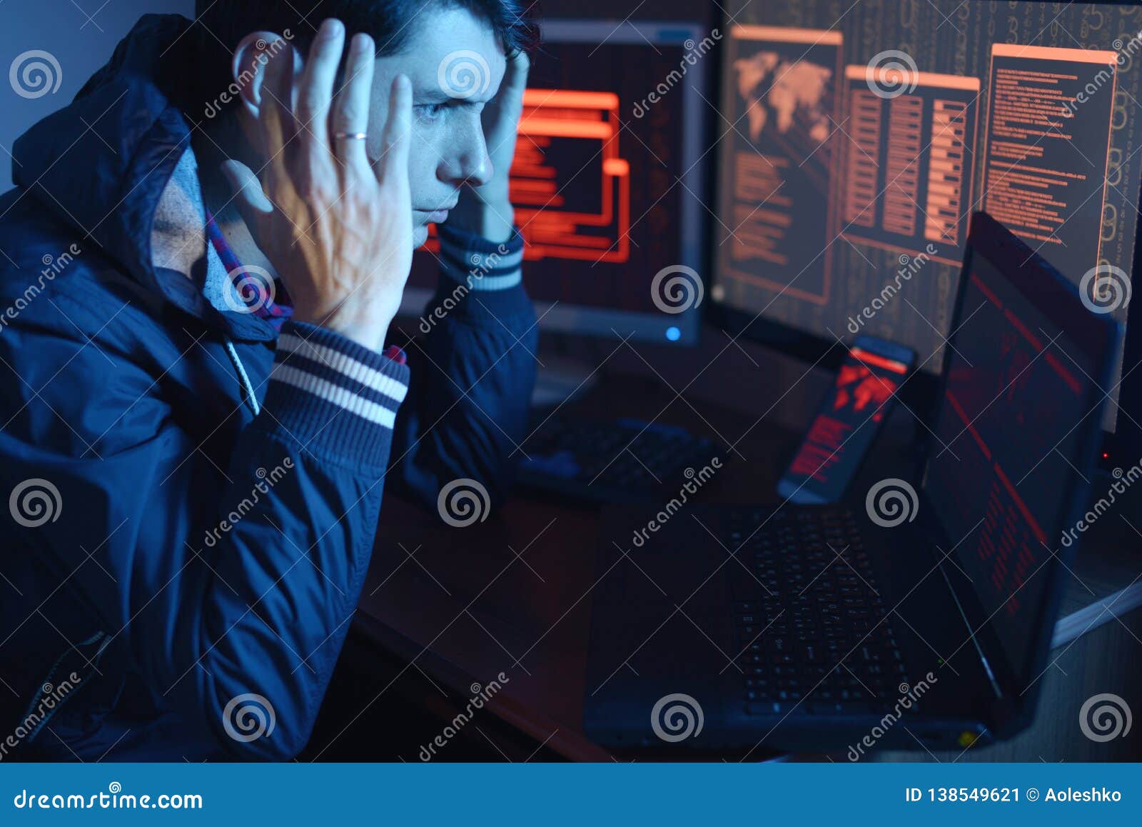 Hacker Thinking About The Problem Of Hacking Or Malware Infection On ...