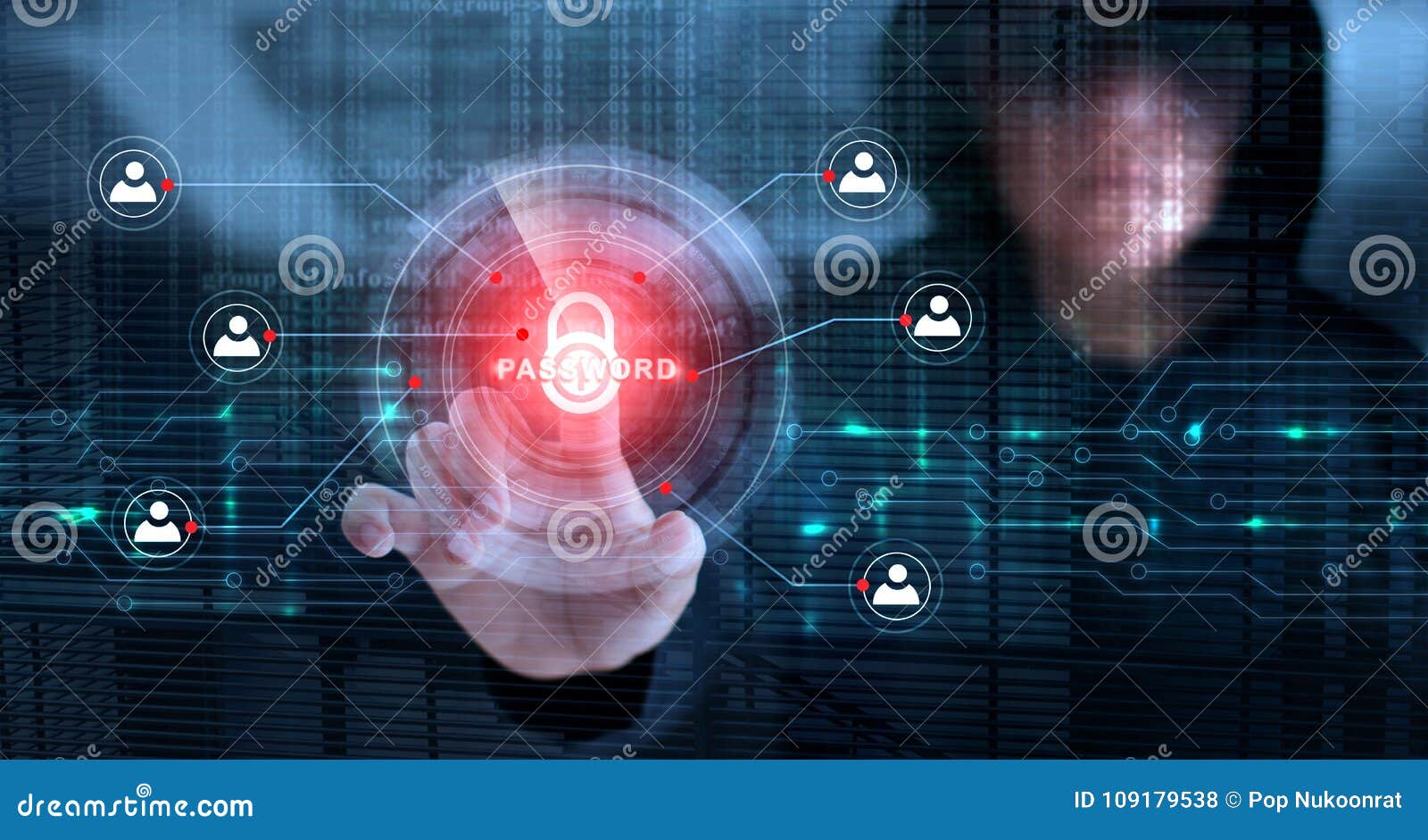 Hacker Touching Lock Icon And Password With Binary Code Screen Stock