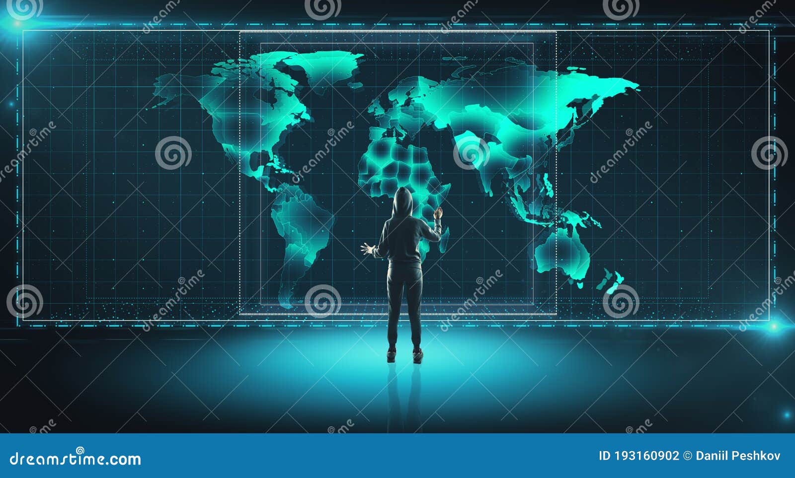 Hacker Touching Virtual Screen with Digital World Map Stock Photo ...