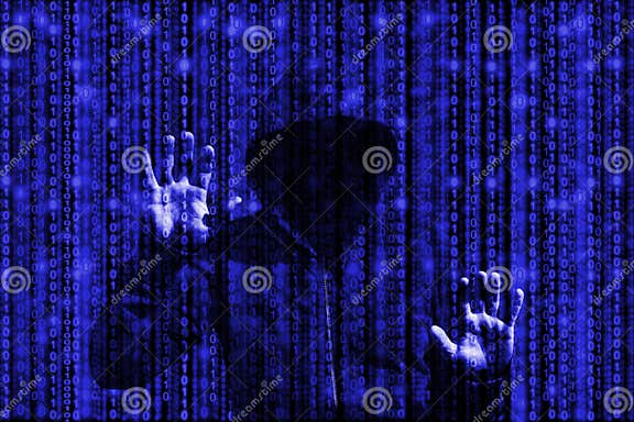 Hacker Trapped Behind Blue Binary Data Streams Stock Photo - Image of ...