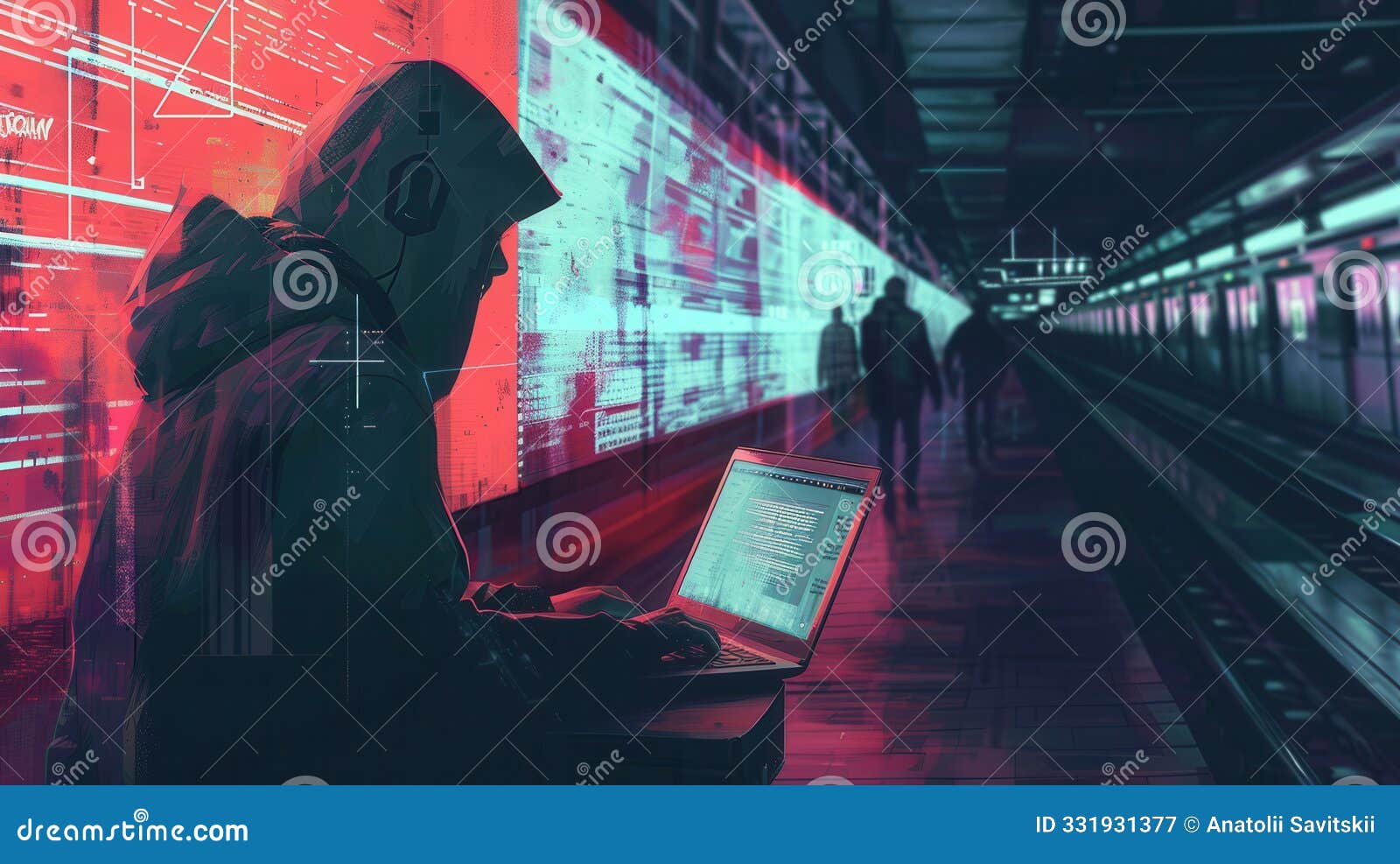A Hacker Types Intently on a Laptop in a Crowded Metro Station ...