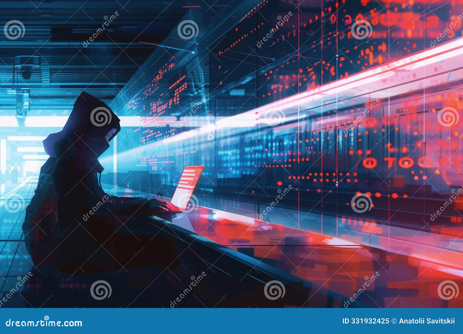 A Hacker Types on a Laptop in a Metro Station, Highlighting the Risks ...