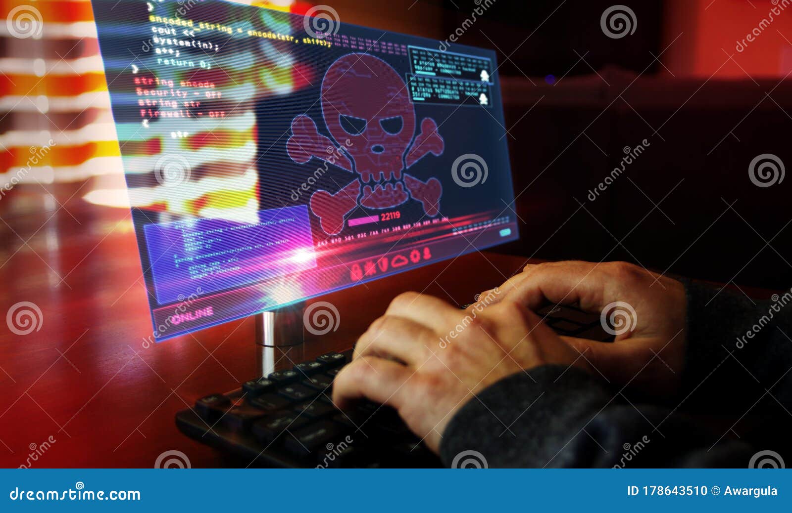 Hacker Typing On Keyboard With Breaking Security And Code On Hologram