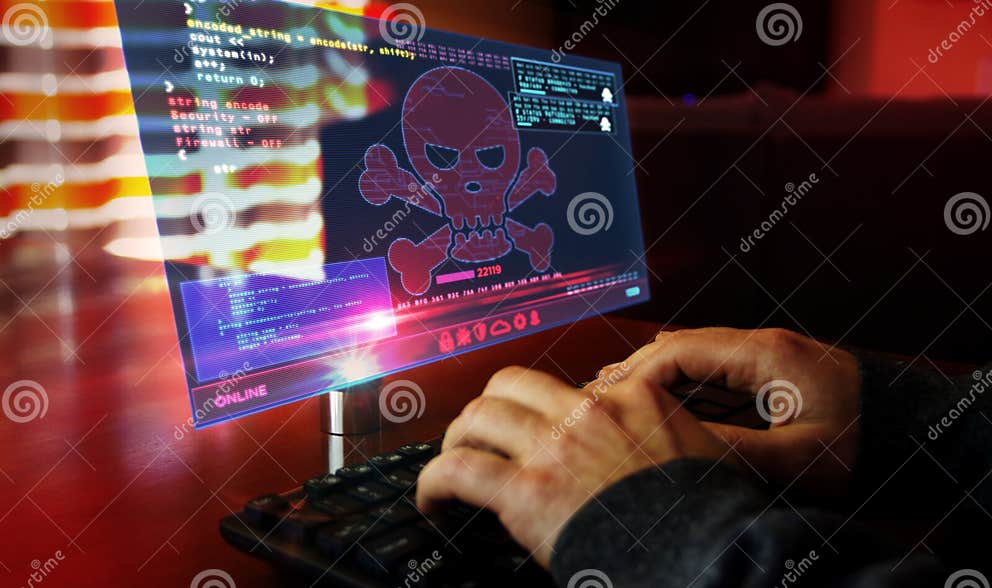 Hacker Typing On Keyboard With Breaking Security And Code On Hologram