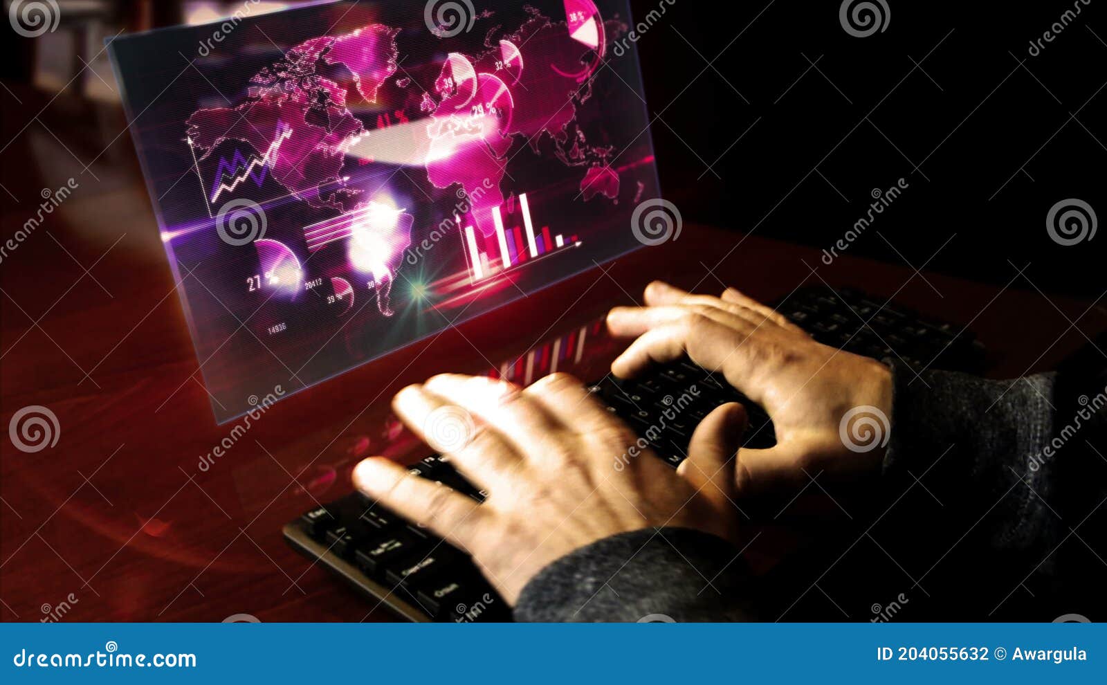 Hacker Typing Keyboard With Charts And Graphs Hologram Screen Stock