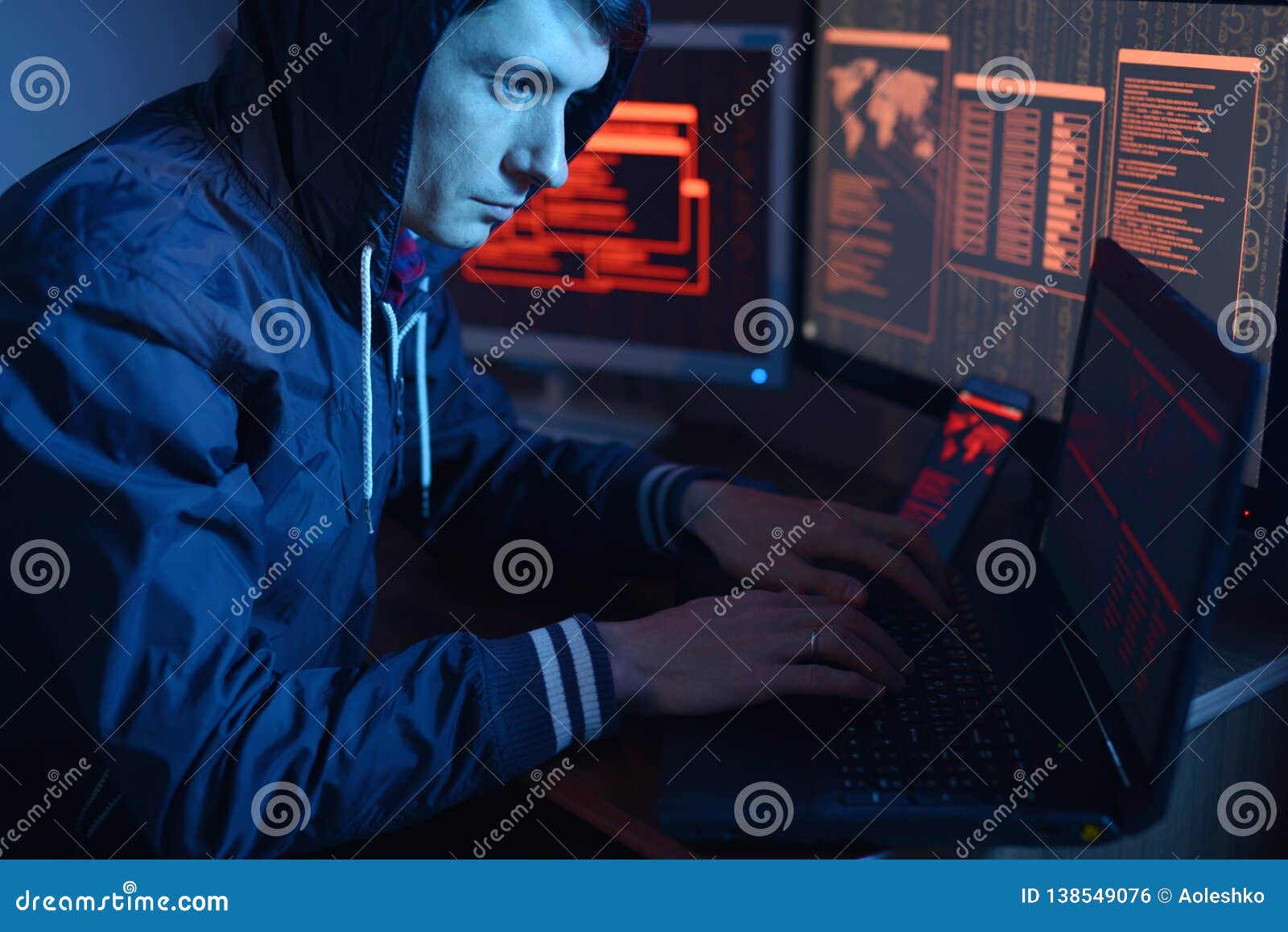 Hacker Typing Program Code While Committing A Cybercrime Hacking A System Firewall In The Dark