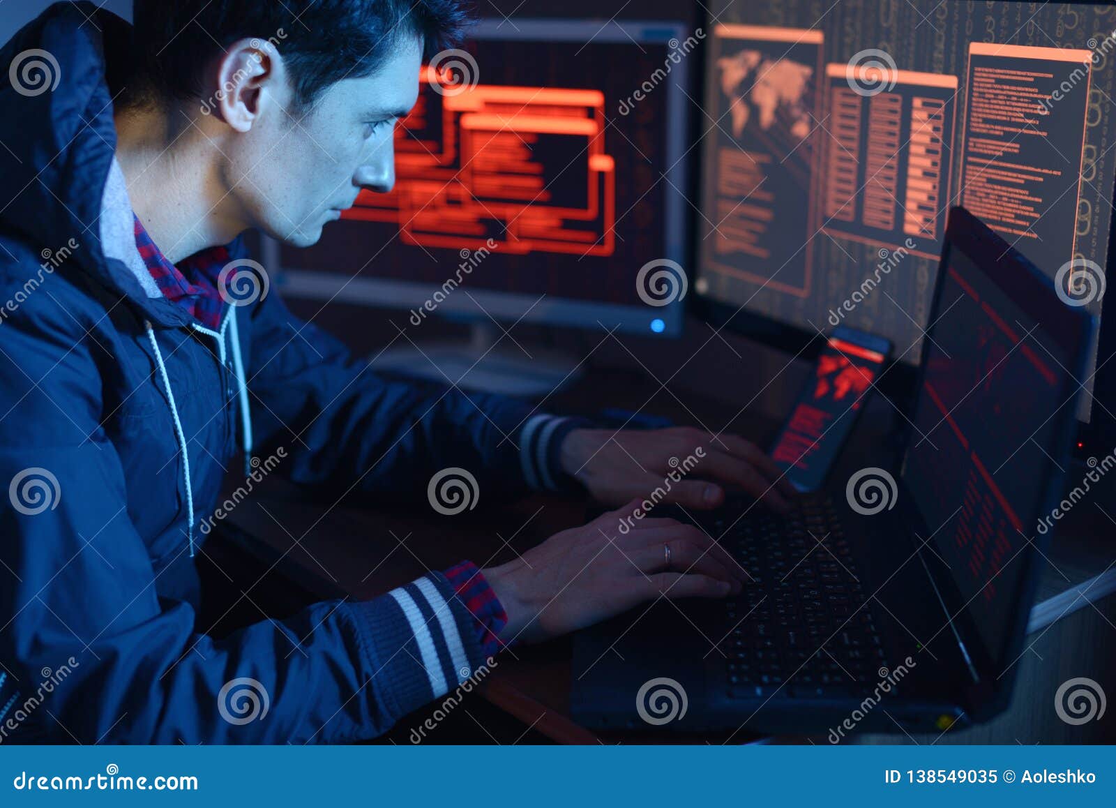 Hacker Typing Program Code While Committing A Cybercrime Hacking A System Firewall In The Dark