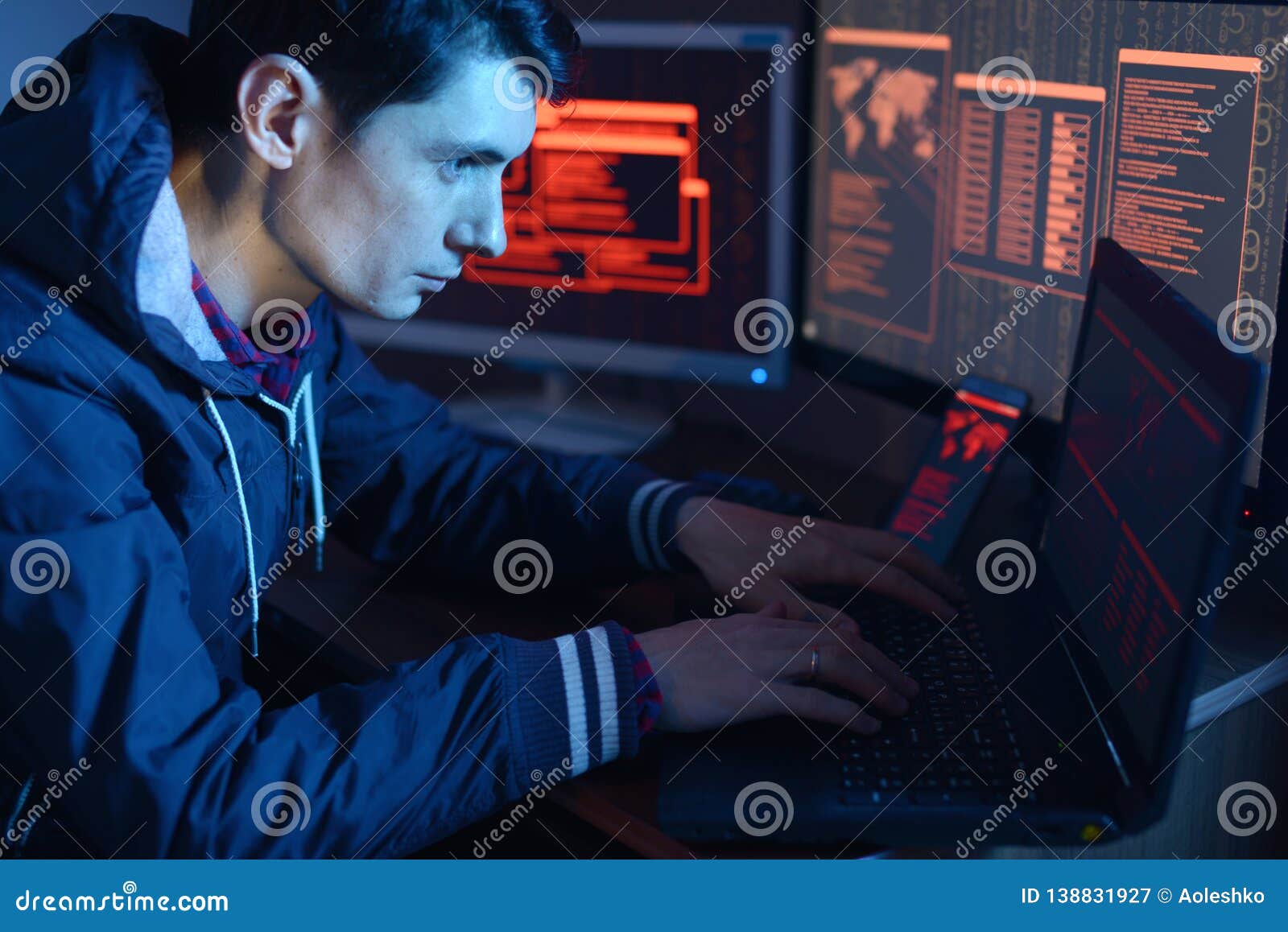 Hacker Typing Program Code While Committing A Cybercrime Hacking A