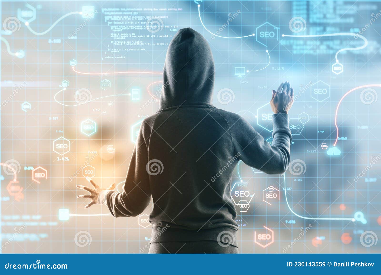 Hacker Using Abstract Interface with Glowing SEO Hologram and Icons on ...