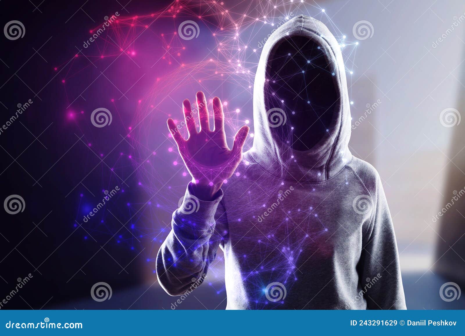 Hacker Using Abstract Polygonal Circles Interface on Blurry Purple ...