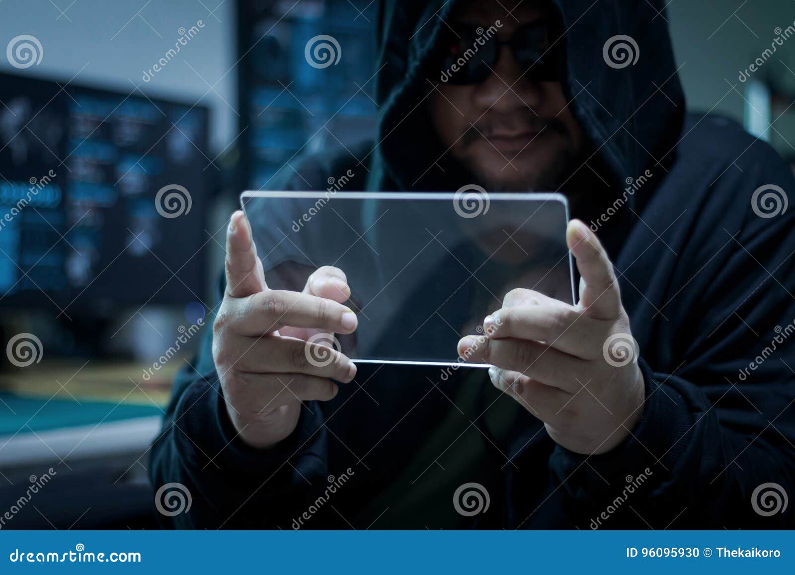 Hacker Using Blank Clear Glass Tablet with Blue Dark and Grain P Stock ...