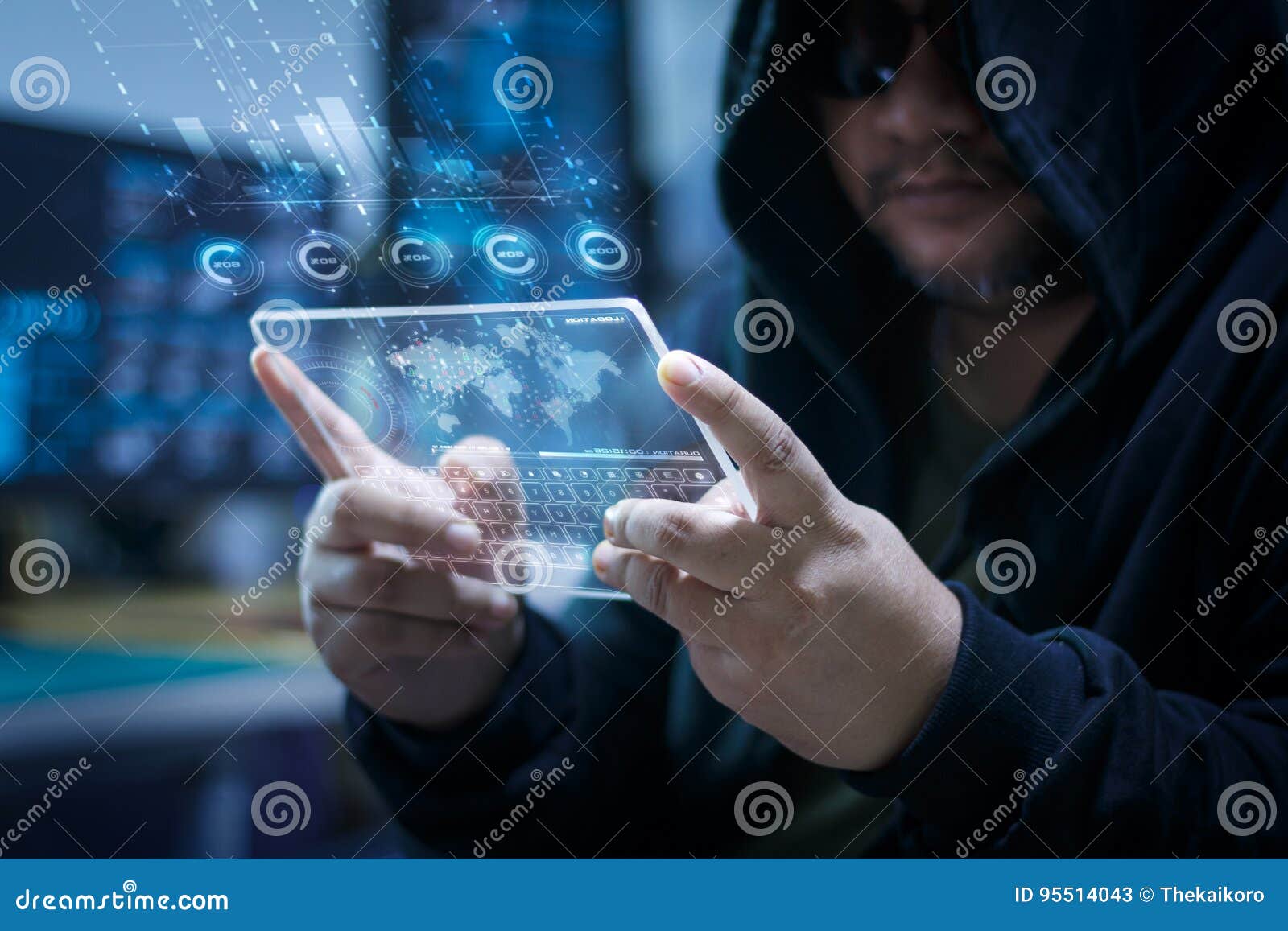 Hacker Using Clear Tablet with HUD Panel and Code Graph Bar Data Stock ...