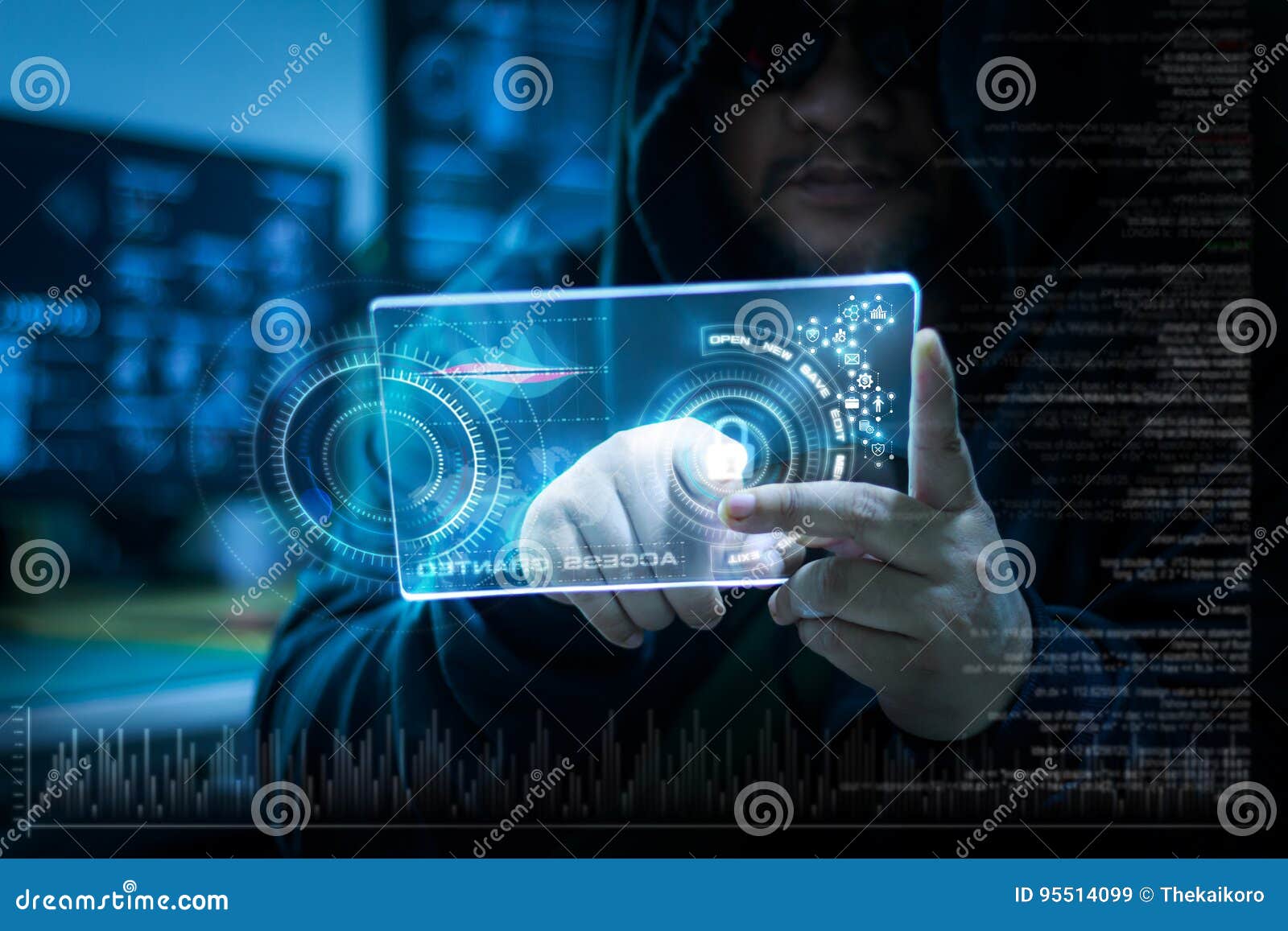 Hacker Using Clear Tablet with HUD Panel and Code Graph Bar Data Stock ...