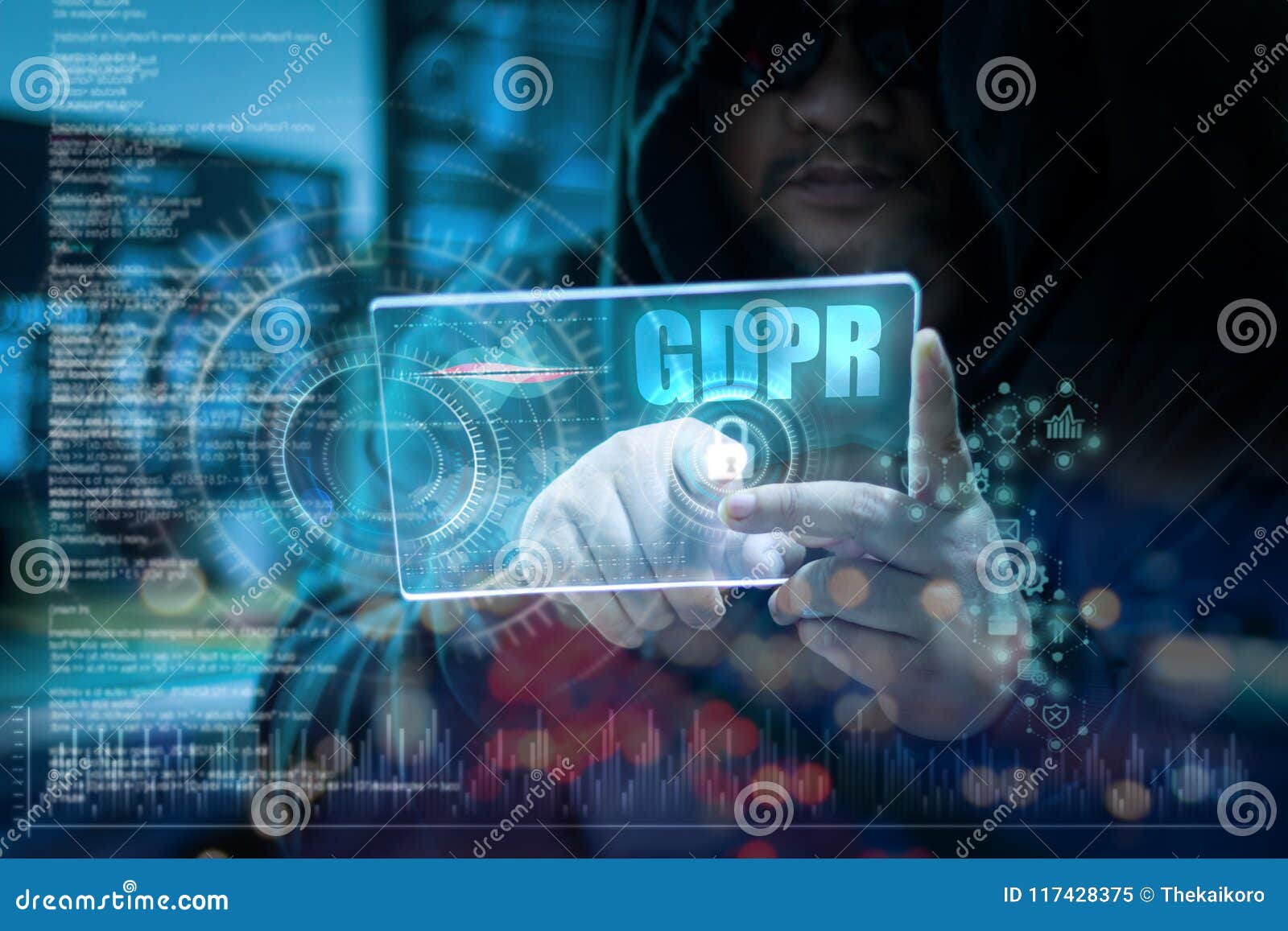 Hacker Using Clear Tablet With Hud Panel And Code Graph Bar Data Stock Image Image Of Concept
