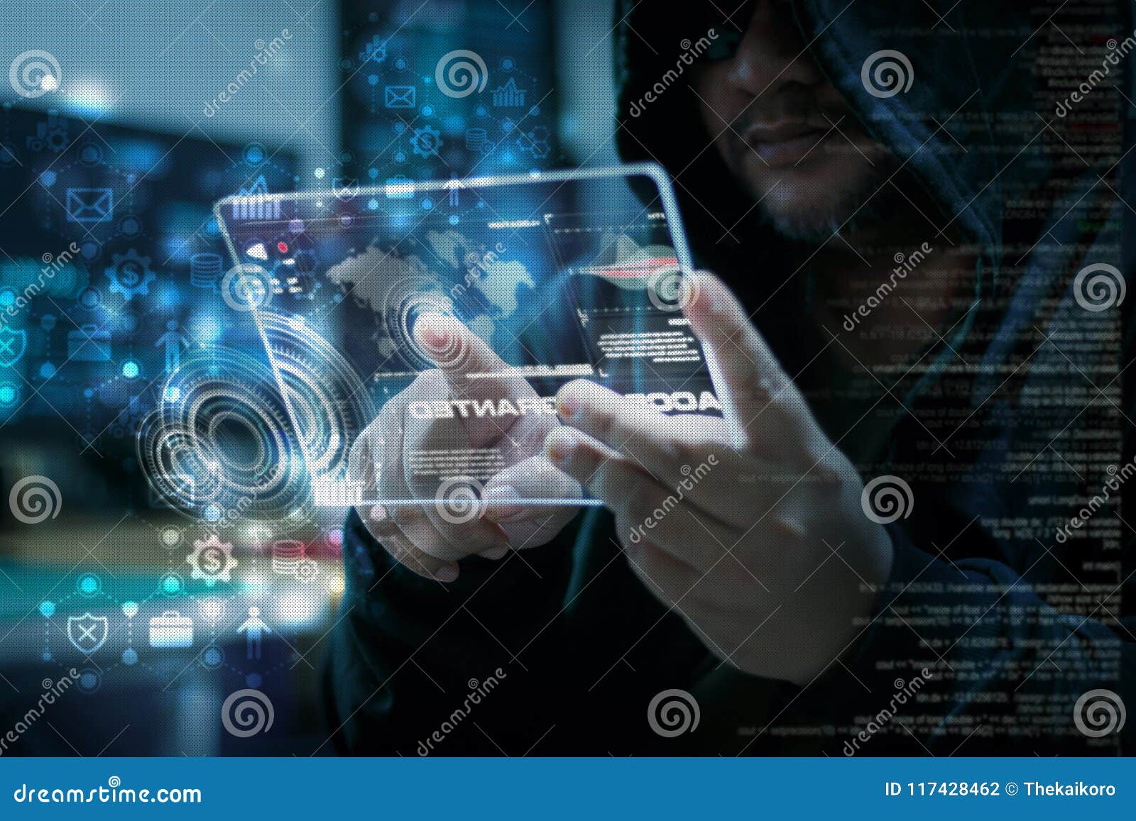 Hacker Using Clear Tablet With Hud Panel And Code Graph Bar Data Stock