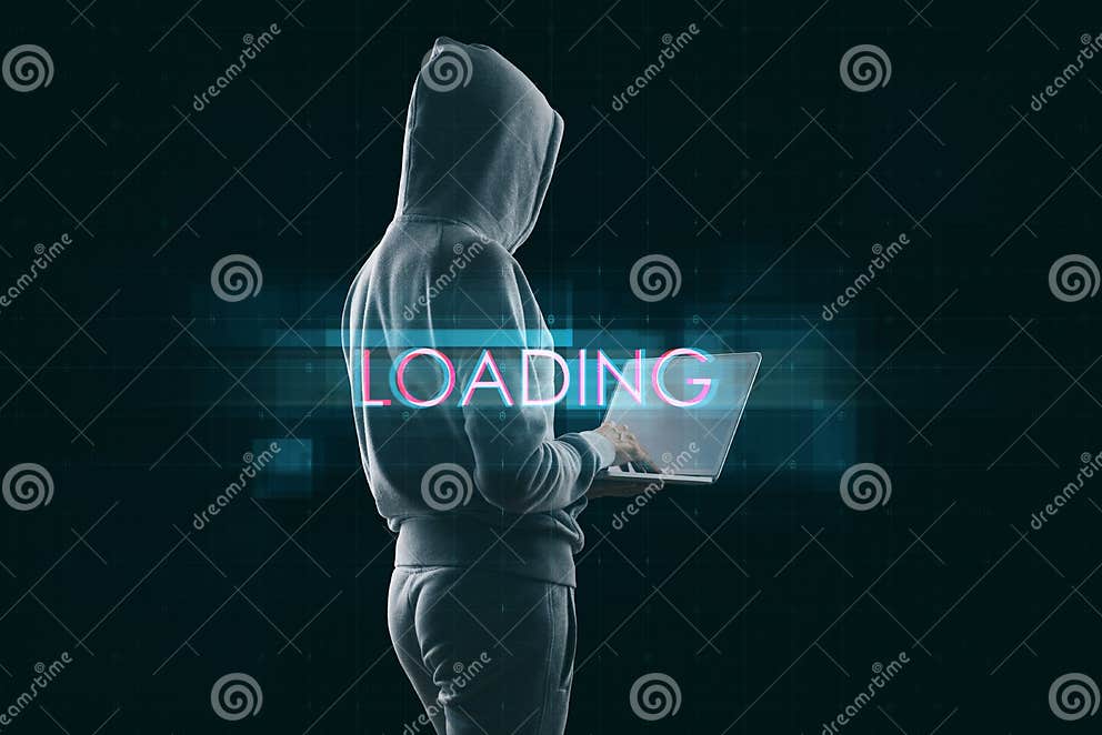 Hacker Using Computer with Abstract Creative Digital Text Hologram on ...