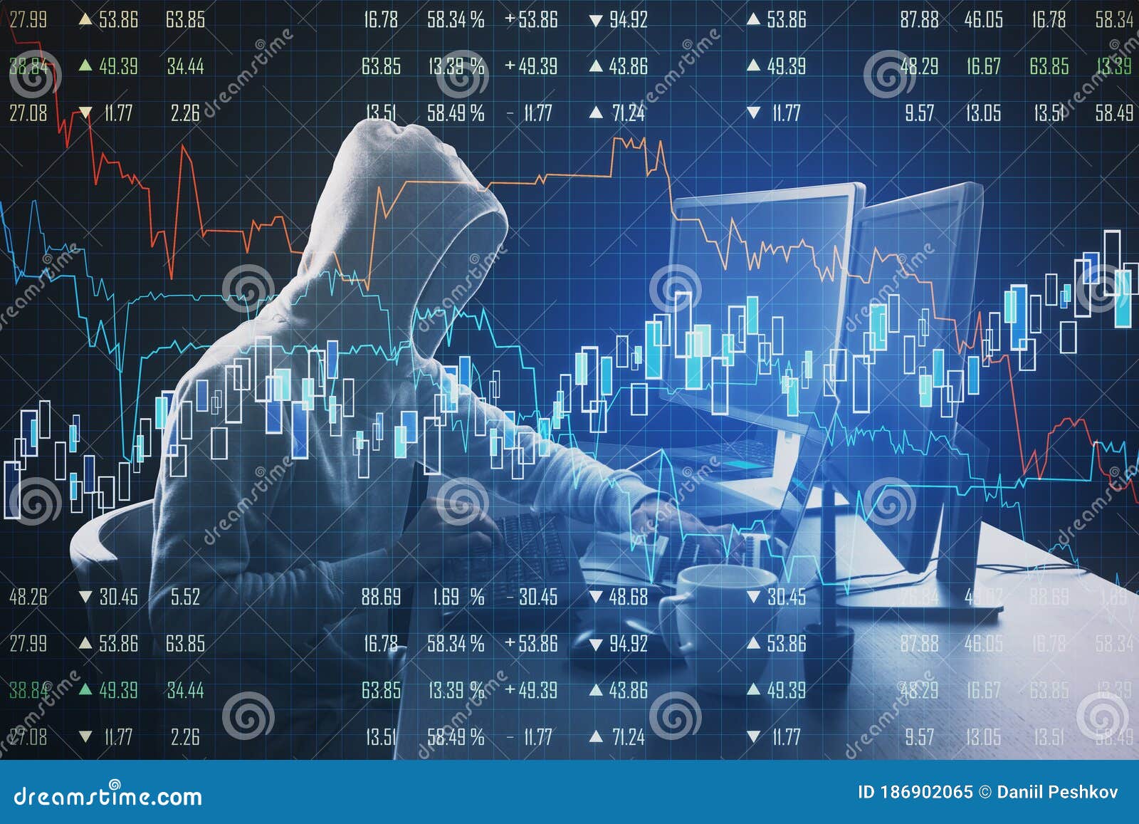 Hacker Using Computer with Business Chart and Financial Analytics Stock ...