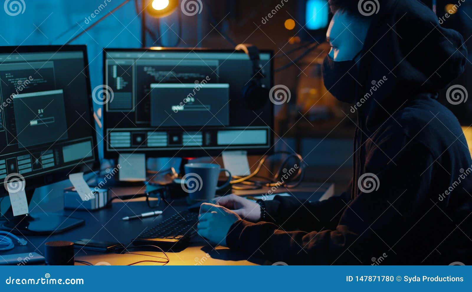 Hacker Using Computer for Cyber Attack at Night Stock Footage - Video ...