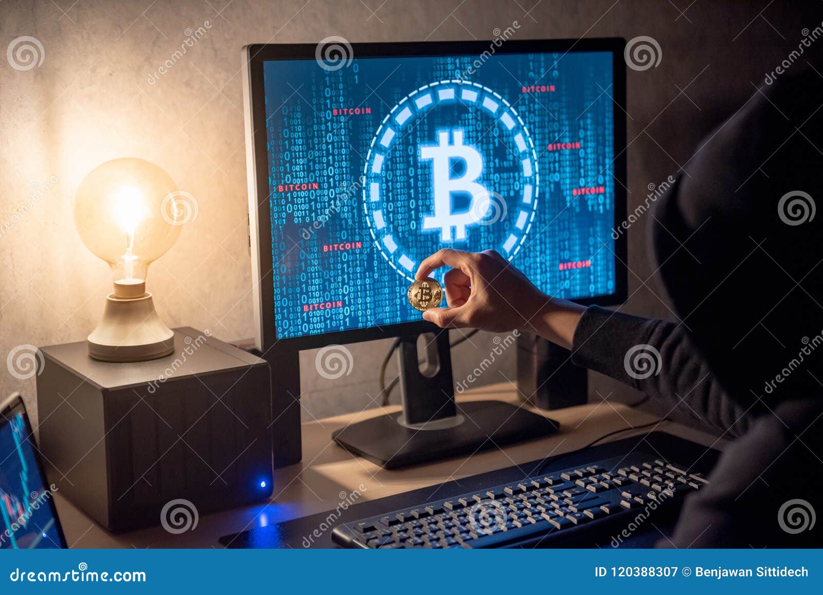 Hacker Using Computer for Digital Currency Laundering Stock Image ...