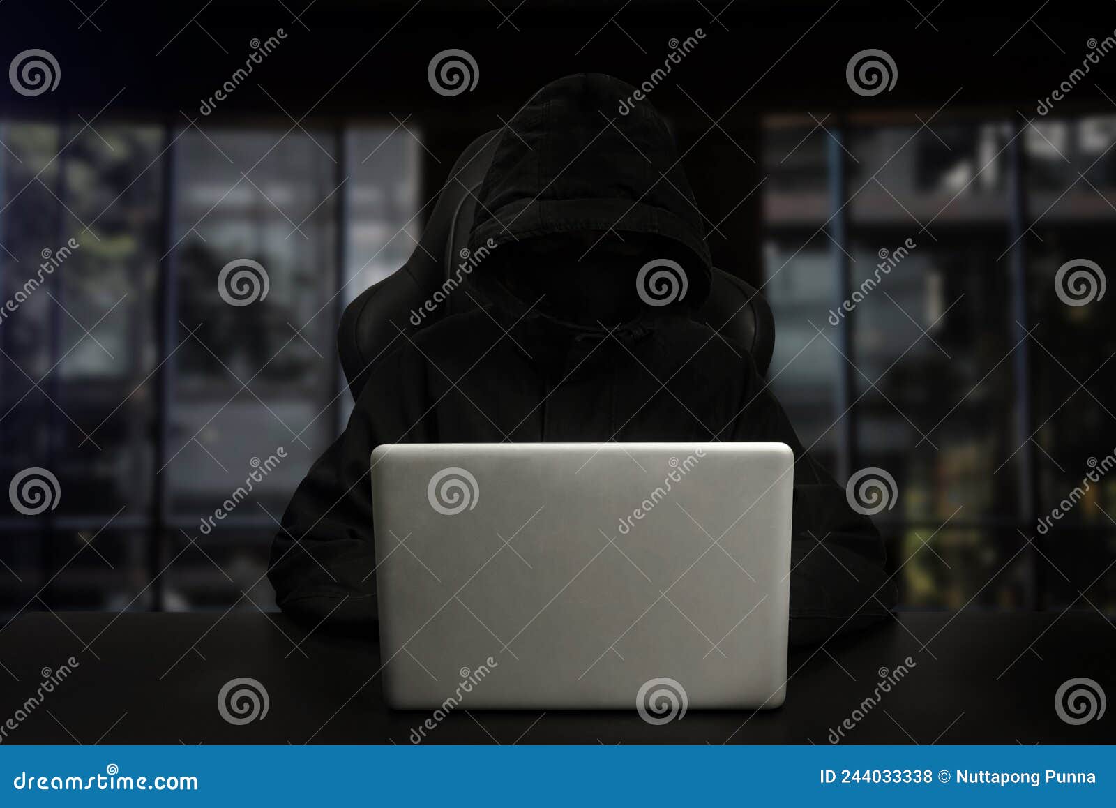 Hacker Using Computer with Digital Interface while Sitting at Desk of ...