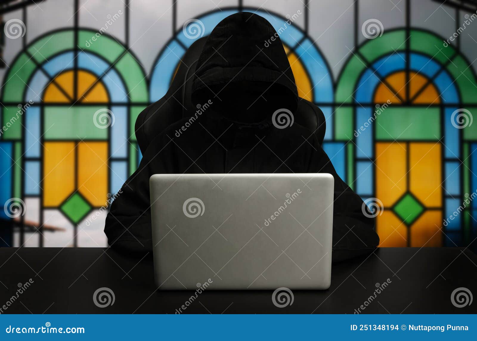 Hacker Using Computer with Digital Interface while Sitting at Desk of ...