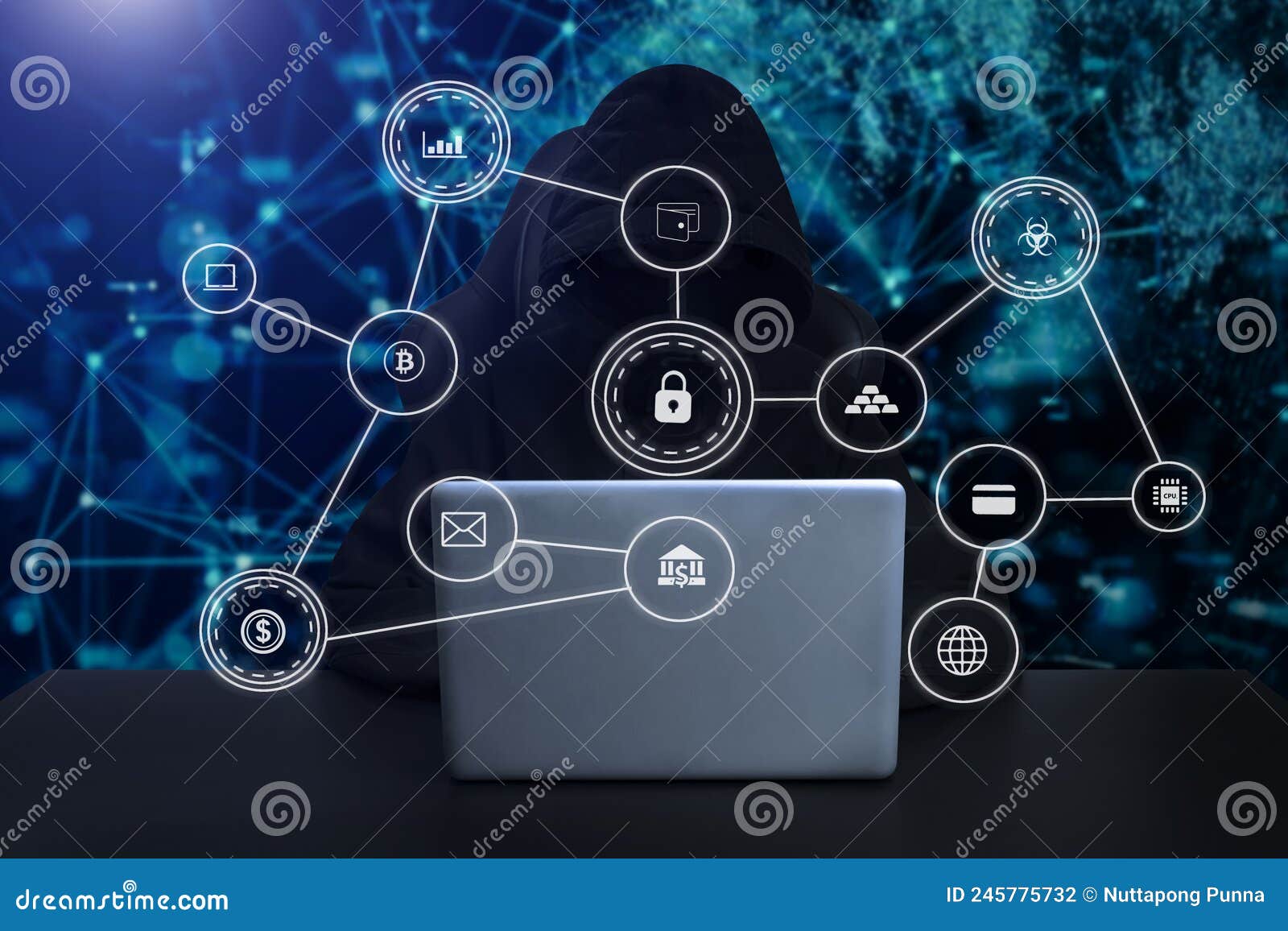 . Hacker Using Computer with Digital Interface while Sitting at Desk of ...