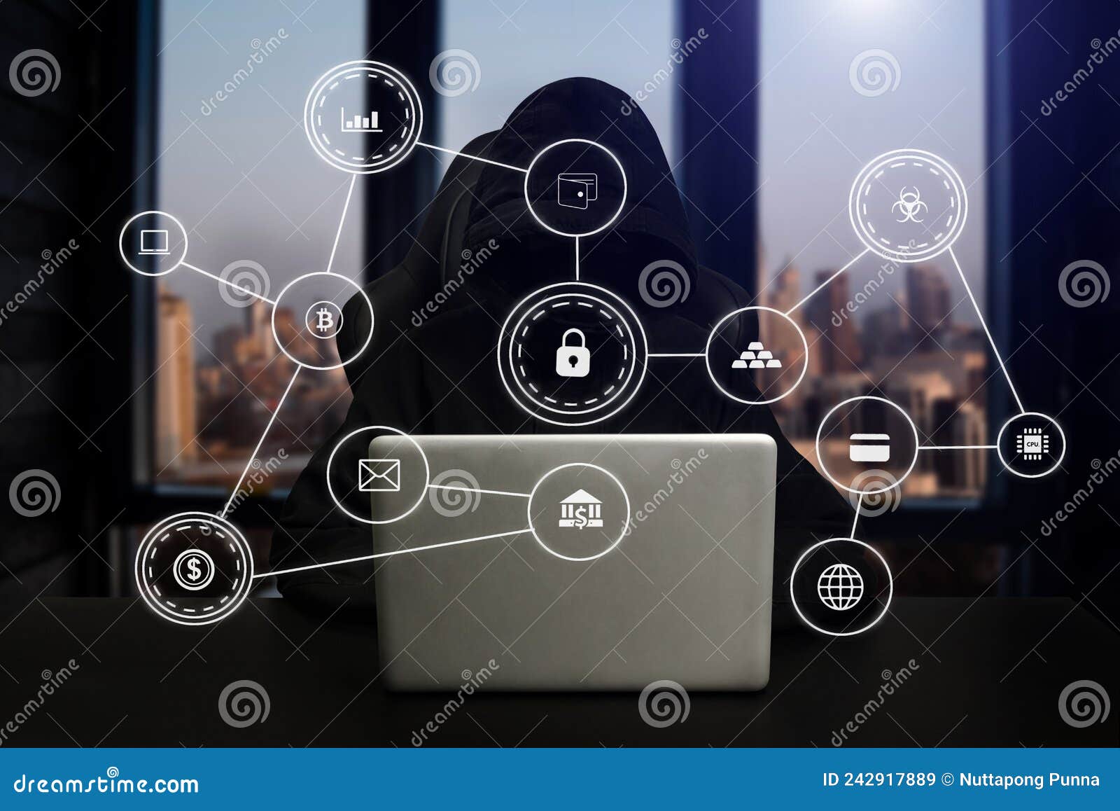 Hacker Using Computer with Digital Interface while Sitting at Desk of ...