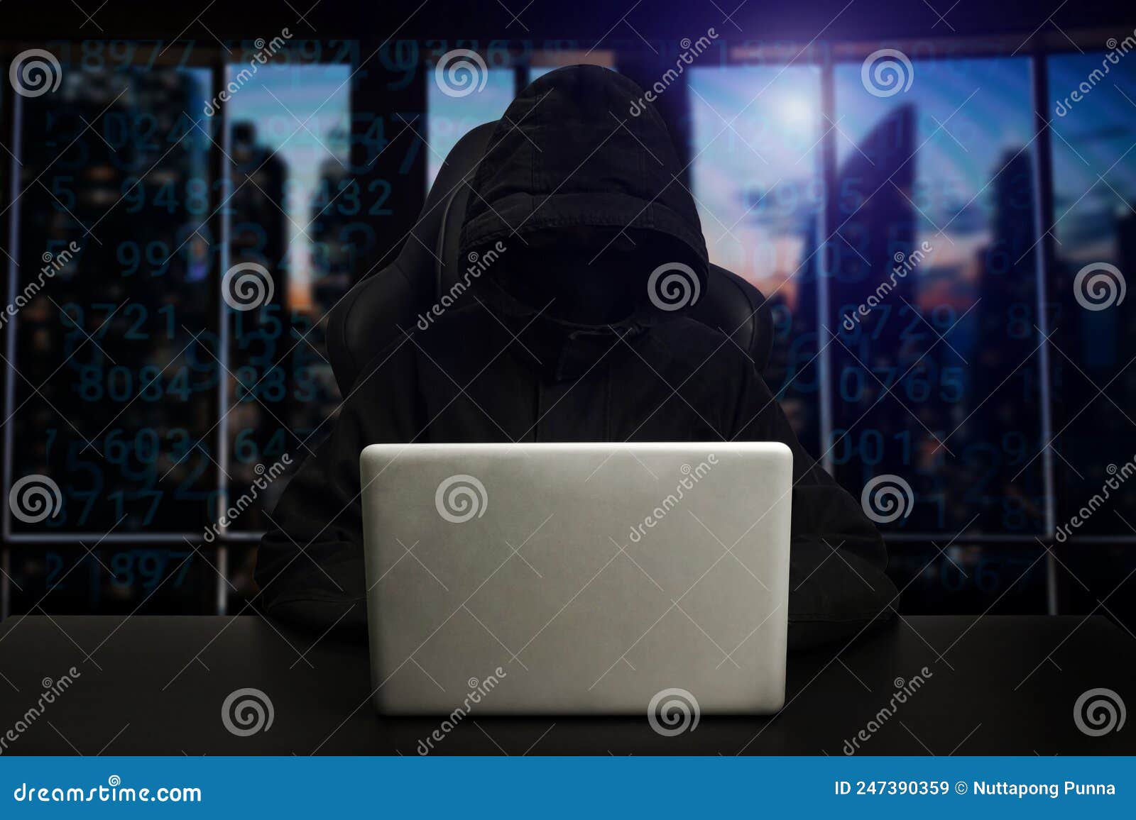 Hacker Using Computer with Digital Interface while Sitting at Desk of ...
