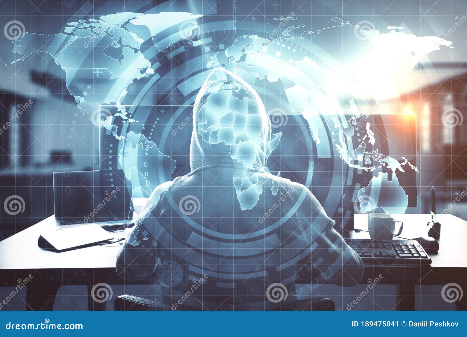 Hacker Using Computer With Digital World Map Stock Image - Image of ...