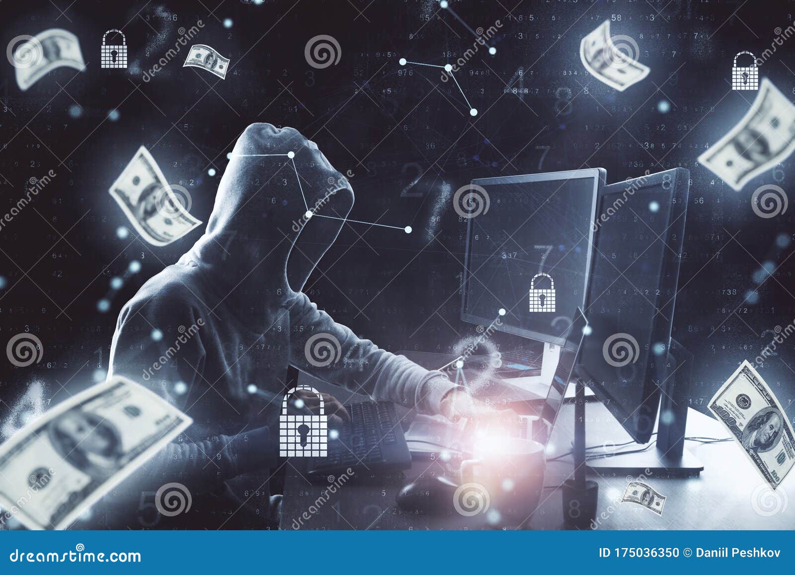 Hacker Using Computer and Falling Dollar Bills Stock Photo - Image of ...