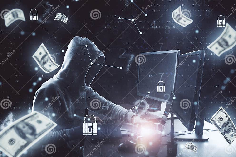 Hacker Using Computer and Falling Dollar Bills Stock Photo - Image of ...