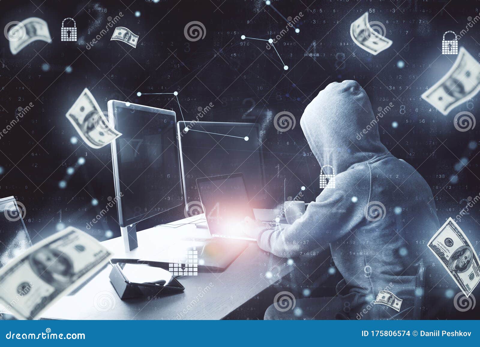 Hacker Using Computer and Falling Money Bills Stock Photo - Image of ...