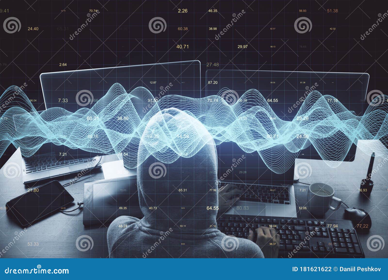 Hacker Using Computer with Financial Analytics Stock Photo - Image of ...