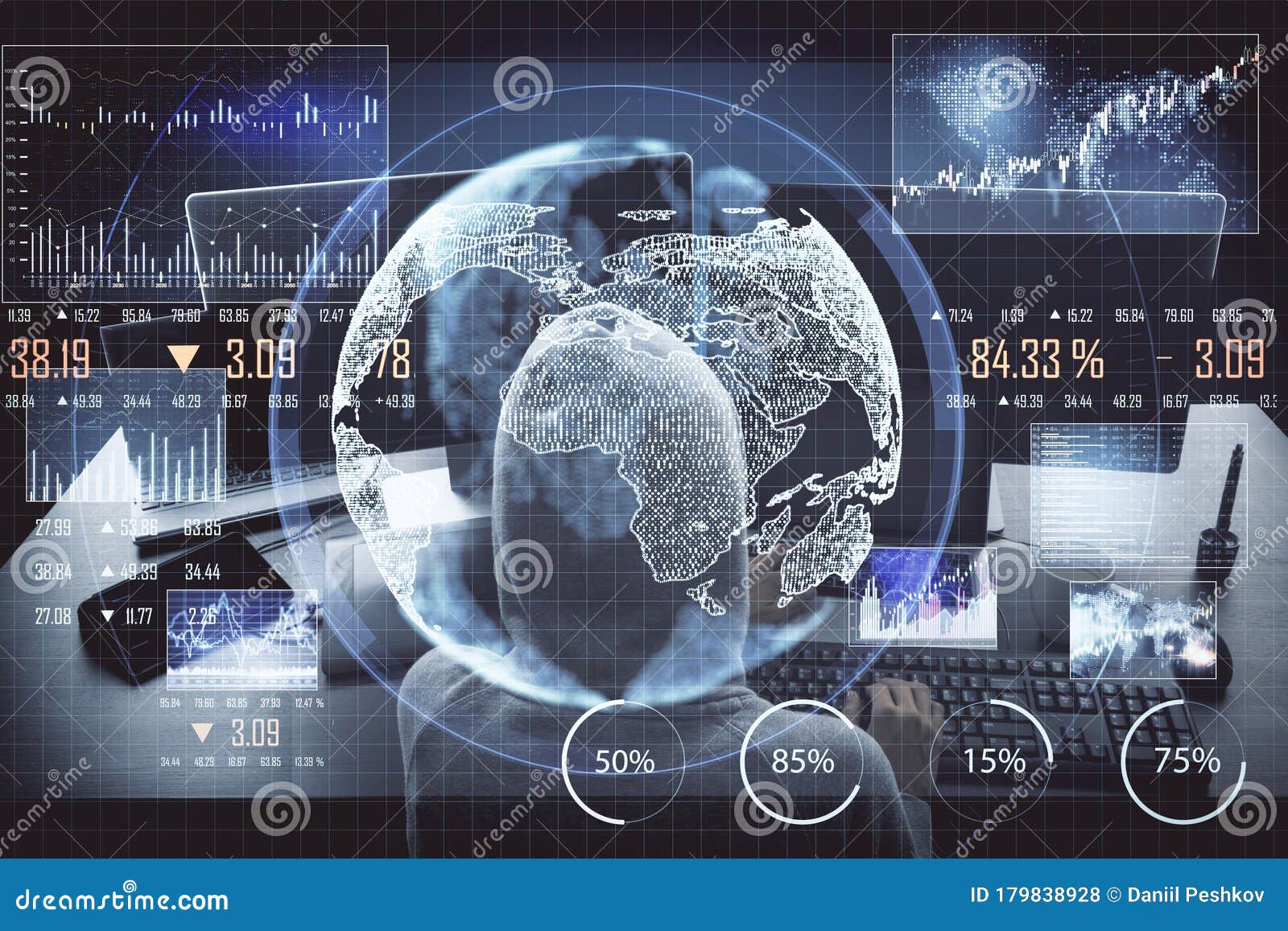 Hacker Using Computer with Global Business Scheme and Financial ...