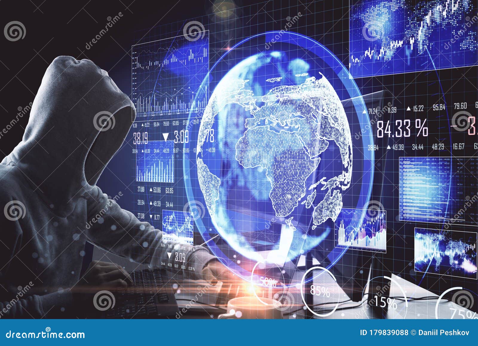 Hacker Using Computer with Global Business Scheme Stock Photo - Image ...