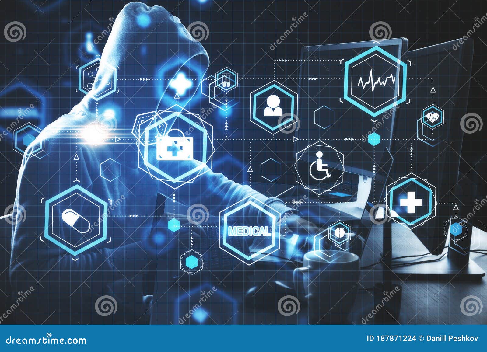 Hacker Using Computer with Glowing Blue Medical Interface Stock Photo ...