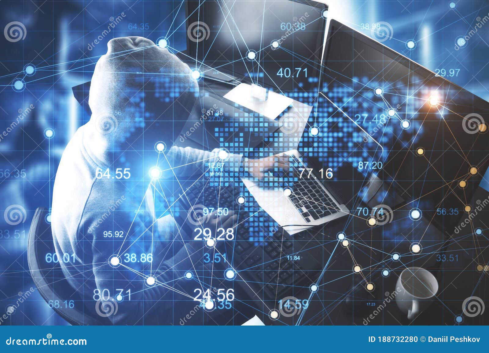 Hacker Using Computer with Glowing Data Interface Stock Photo - Image ...