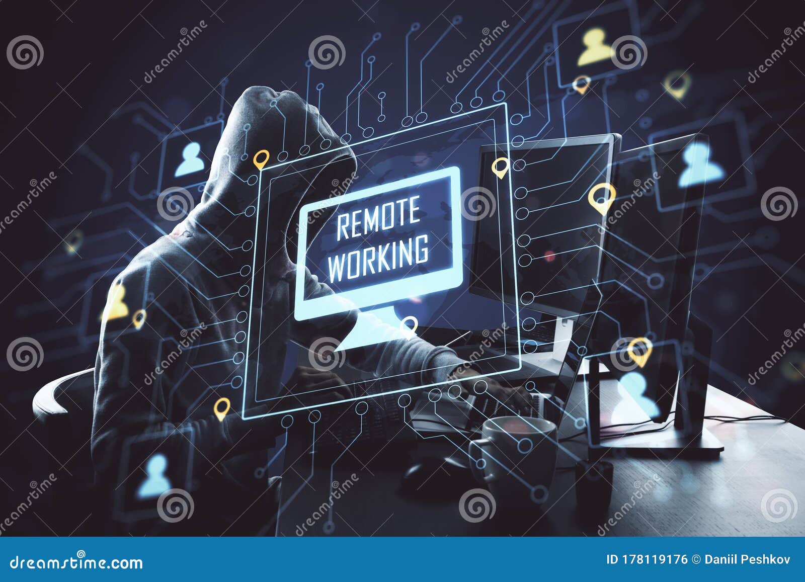 Hacker Using Computer with Glowing Distant Coworking Remote Work ...