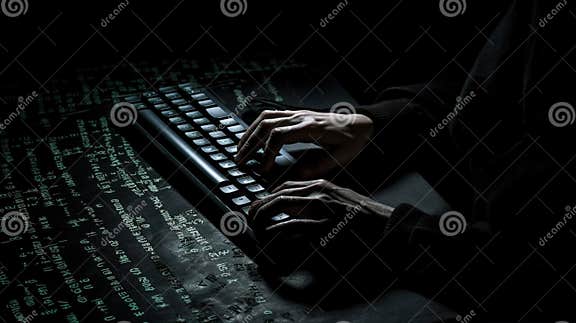 Hacker Using Computer Keyboard with Binary Code on Dark Background. Stock Illustration ...
