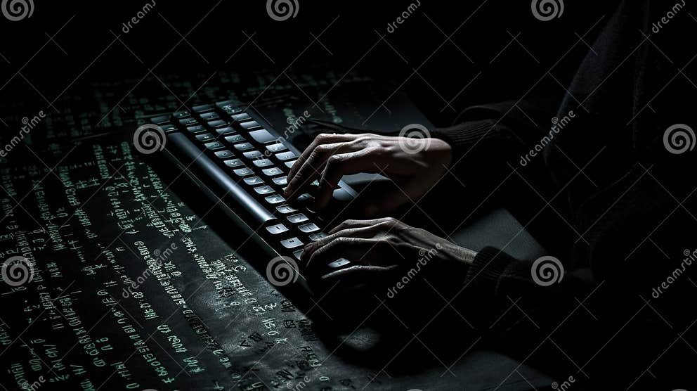 Hacker Using Computer Keyboard With Binary Code On Dark Background Stock Illustration