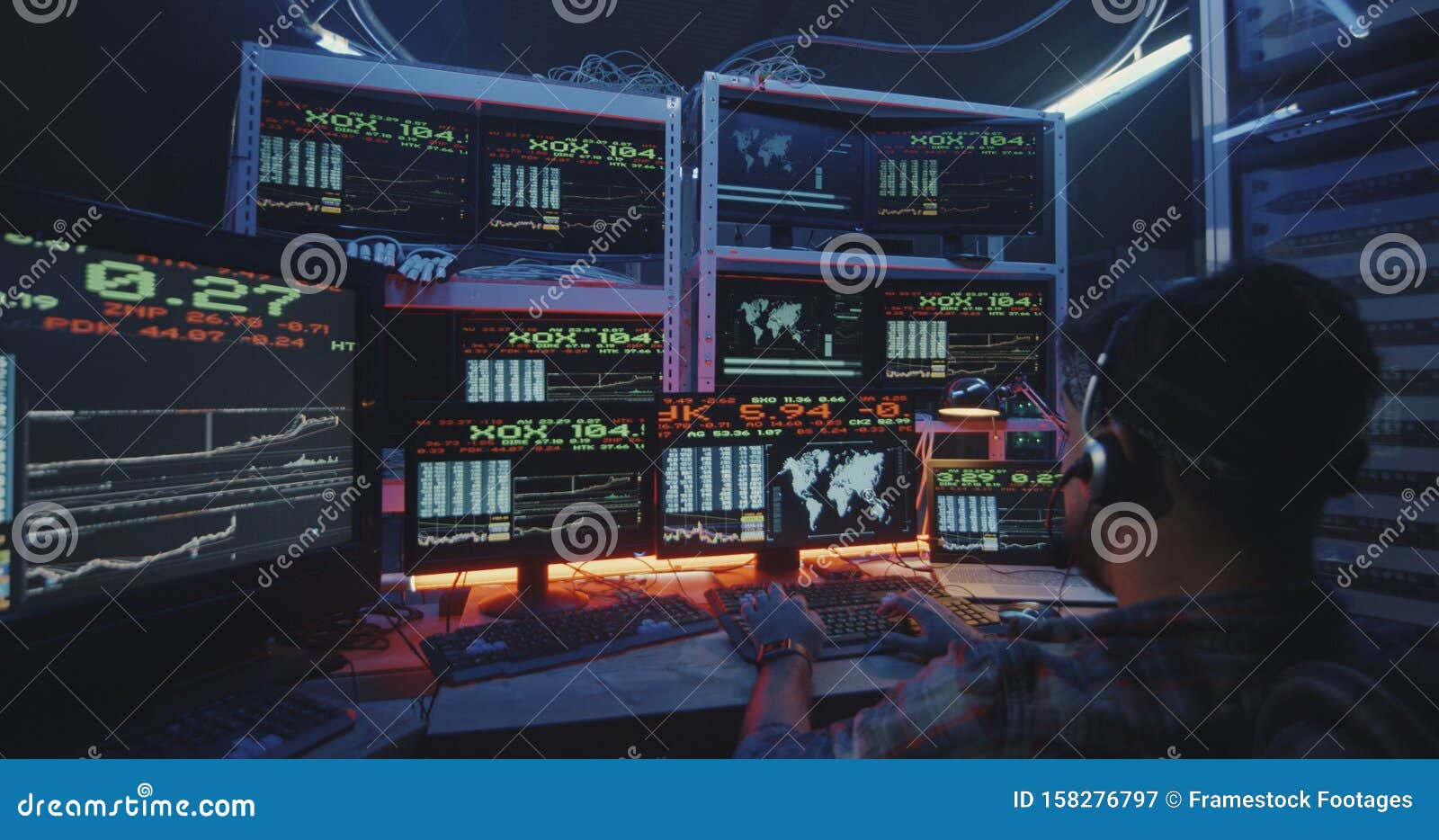 Hacker Using Computer with Multiple Monitors Stock Image - Image of ...