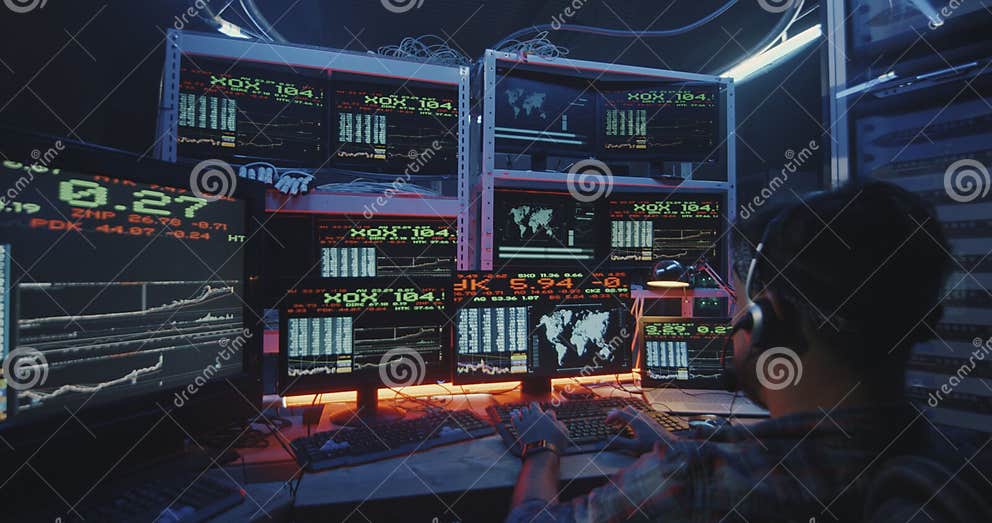 Hacker Using Computer with Multiple Monitors Stock Image - Image of ...