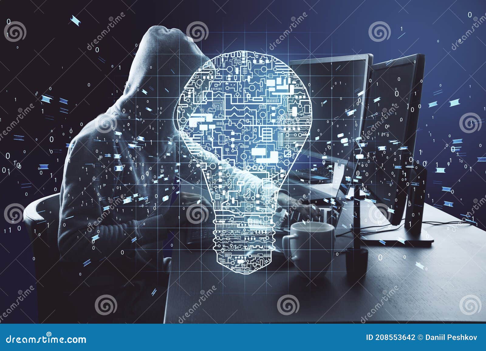 Hacker Using Computer in Office with Circuit Lamp Stock Photo - Image ...