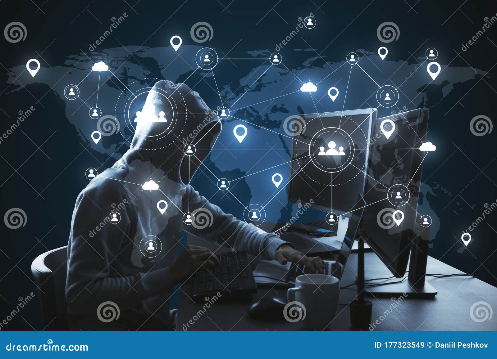 Hacker Using Computer with Remote Work Hologram Stock Image - Image of ...