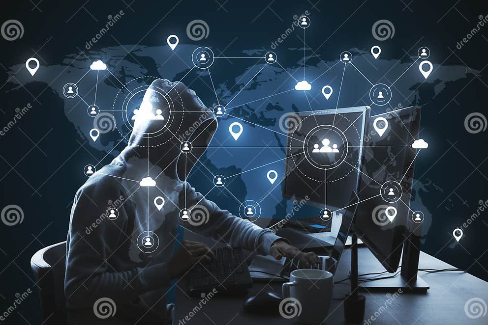 Hacker Using Computer with Remote Work Hologram Stock Image - Image of ...