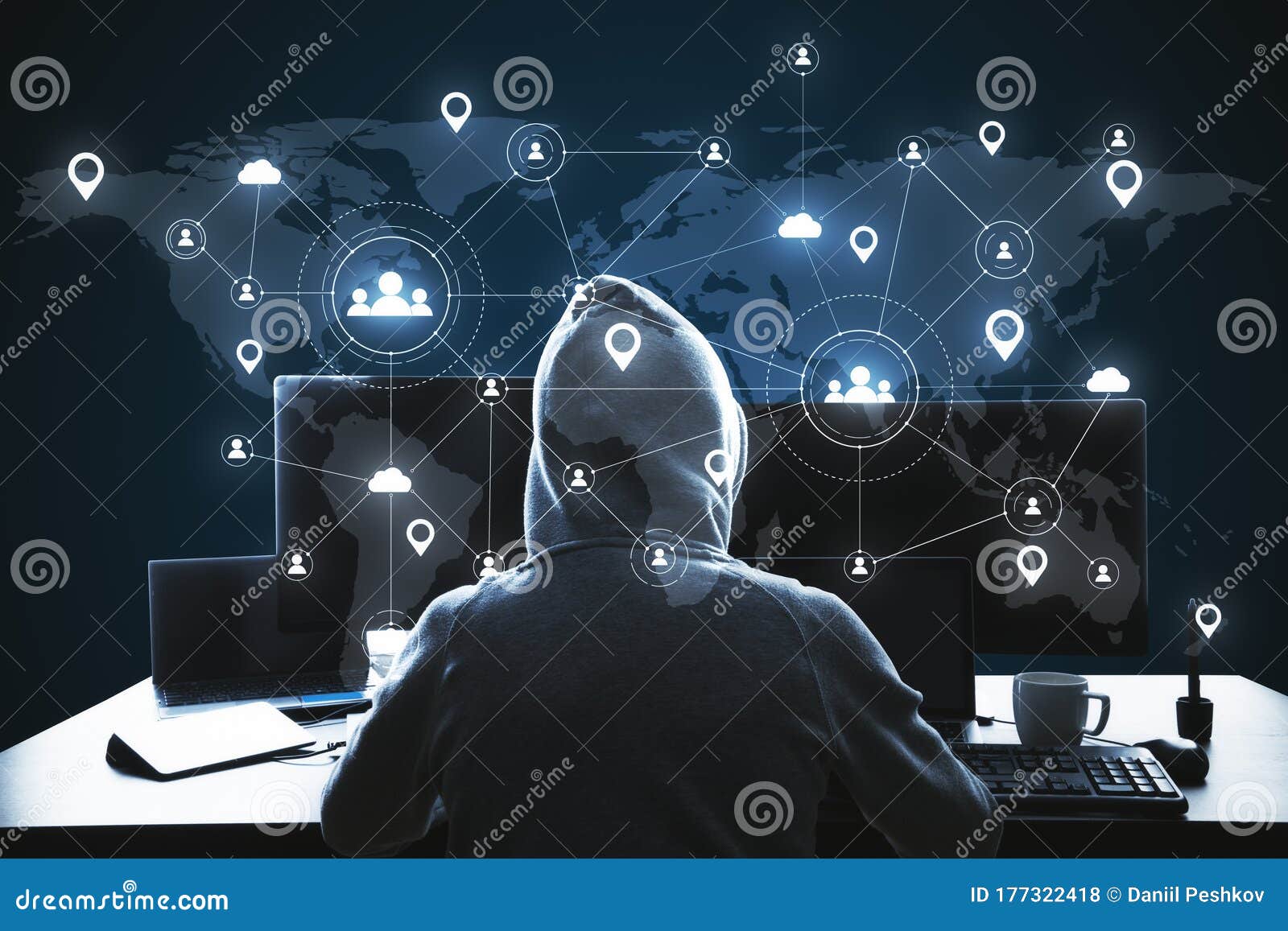 Hacker Using Computer with Remote Work Hologram Stock Photo - Image of ...